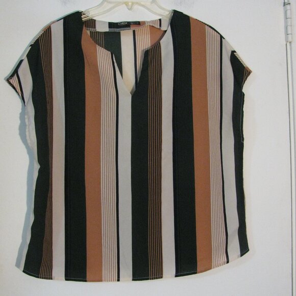 SHEIN | Tops | Shein Striped Blouse Medium Green Peach Ivory Stripe ...